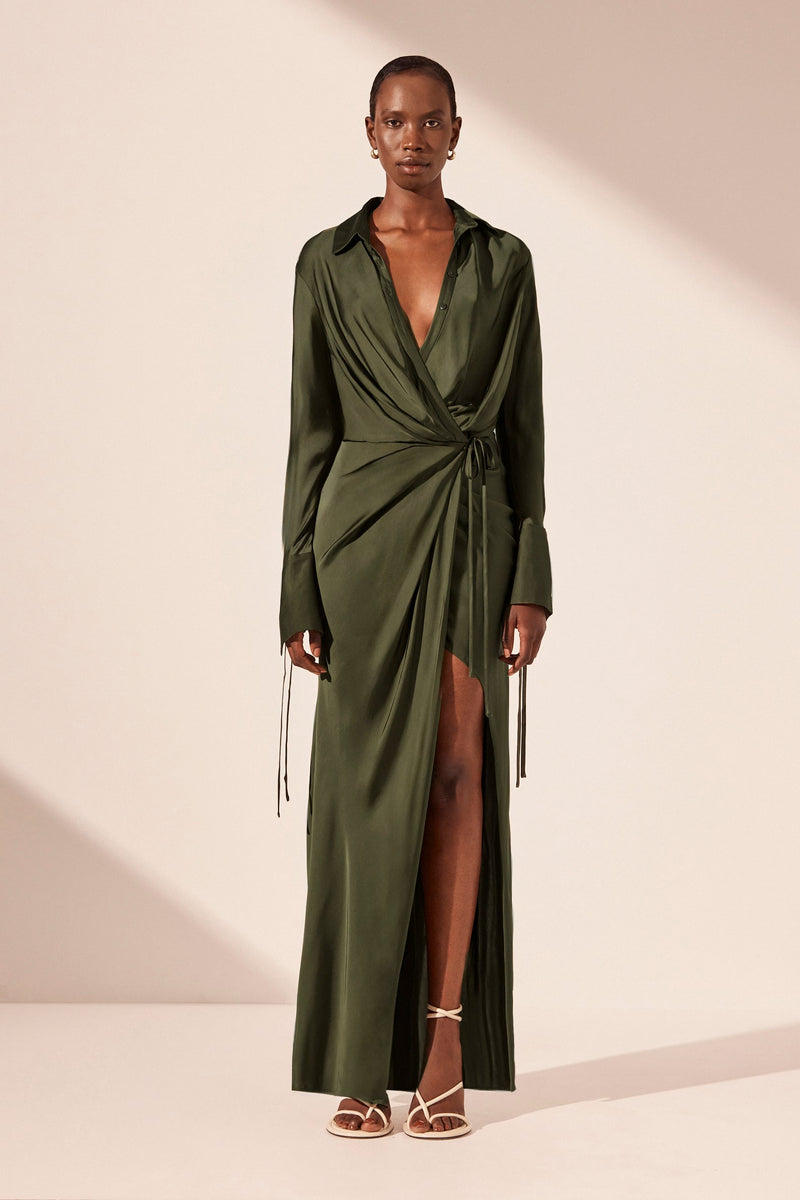 Shona Joy Shae Draped Shirt Maxi Dress PINE GREEN – Frolic Girls